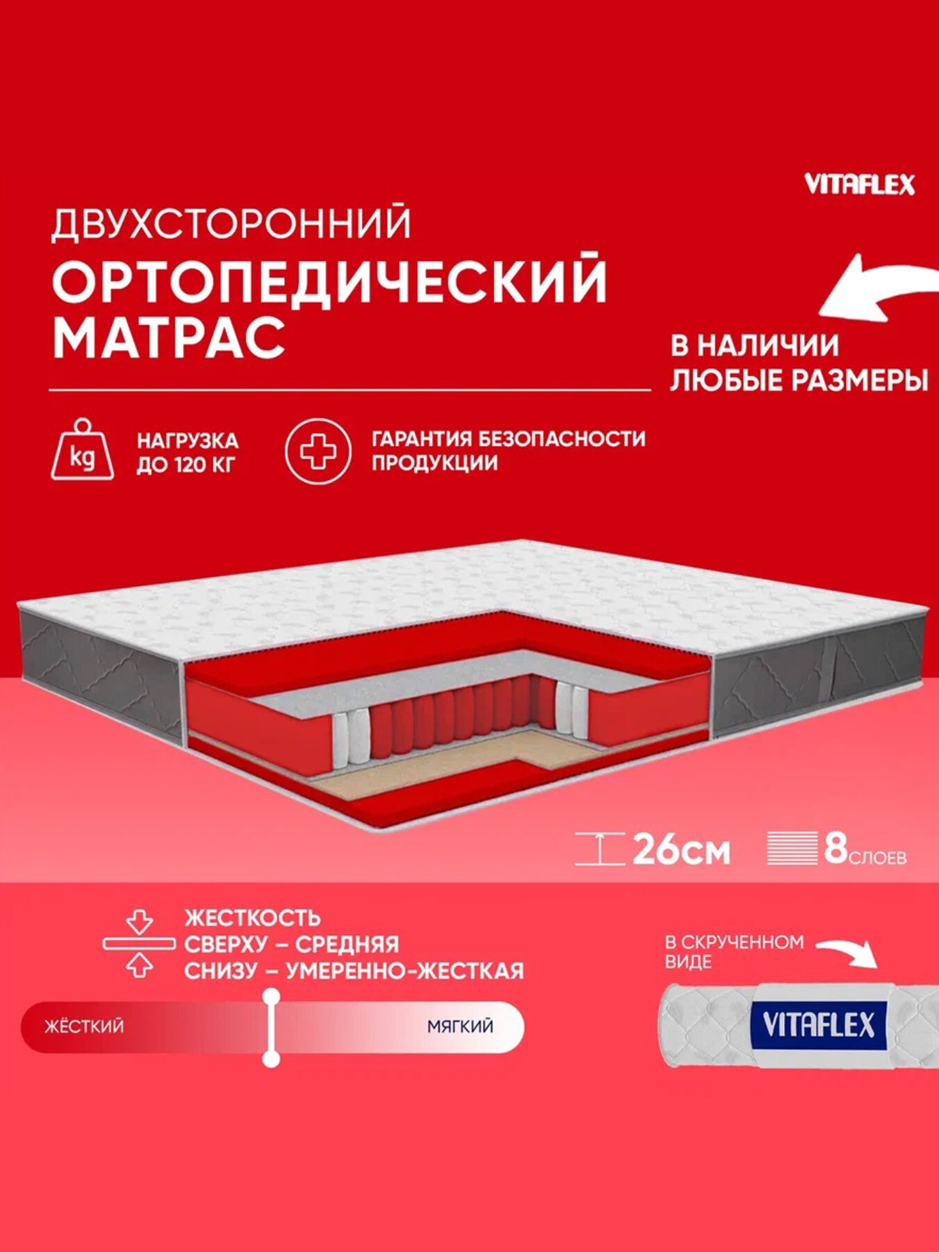 Матрас ортопедический 120х200 Vitaflex Anatomic R Sk пружинный, ППУ, с кокосом, разная жесткость, в рулоне