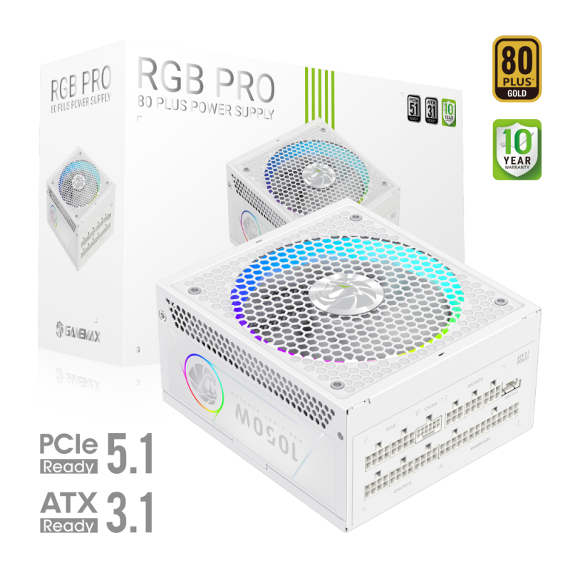 Блок питания для ПК 1050W 80+ Gold GAMEMAX RGB-1050 PRO 5.0 Ver. 5.1 White Белый140 мм 20+4pin 2*4+4pin(CPU) 4*6+2pin(PCI-E) 1*12V HPWR (PCI-E) 10*SATA 3*MOLEX