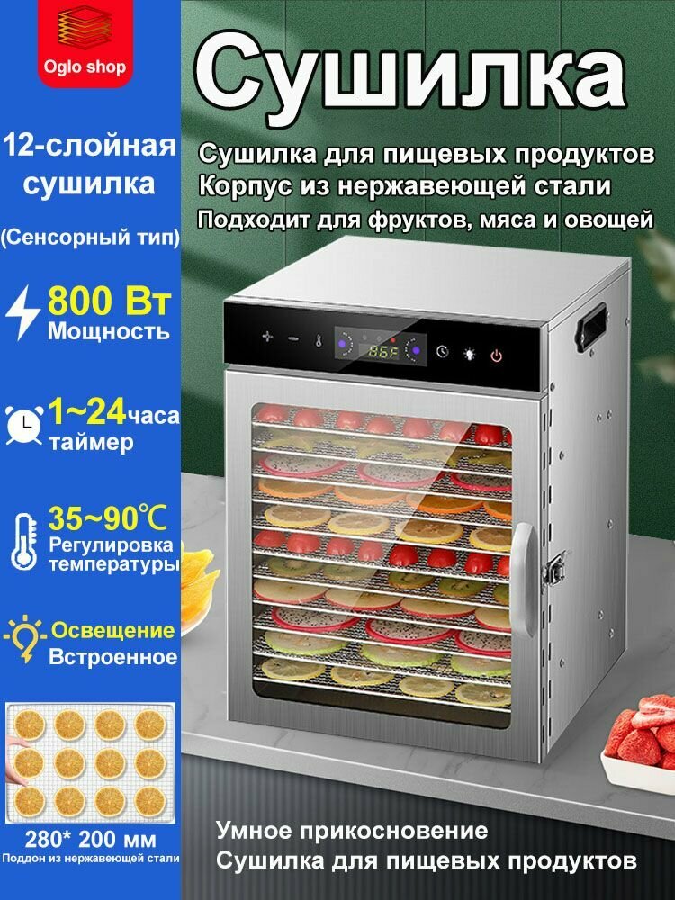 Сушилка для овощей и фруктов в из нержавеющей стали, Дегидратор для сушки электрический, Овощесушилка, Электросушилка для пастилы, мяса и грибов,12 поддонов, 800Вт