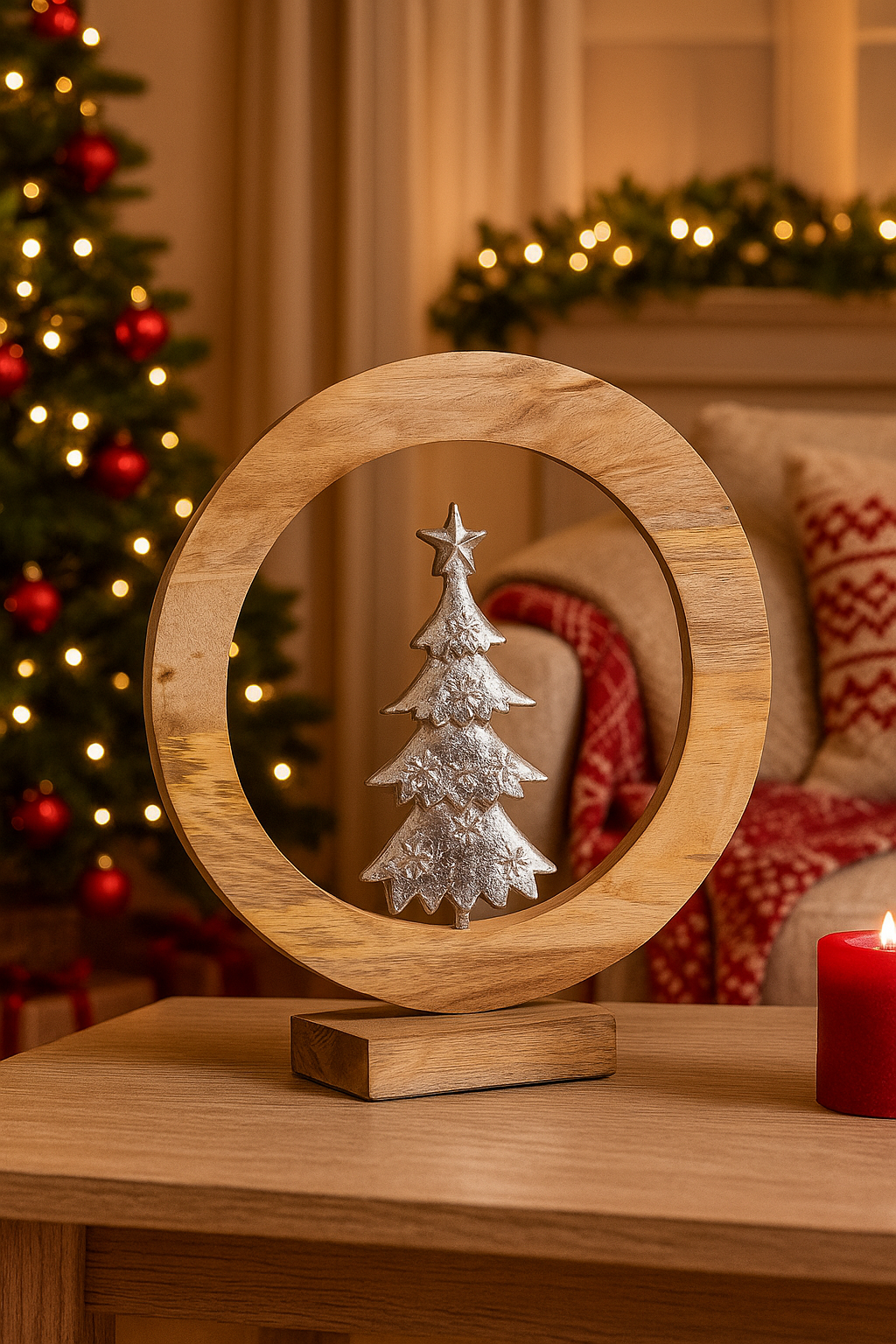 Сувенир интерьерный новогодний в деревянном кольце "Ёлка" размер 30×8×33 см