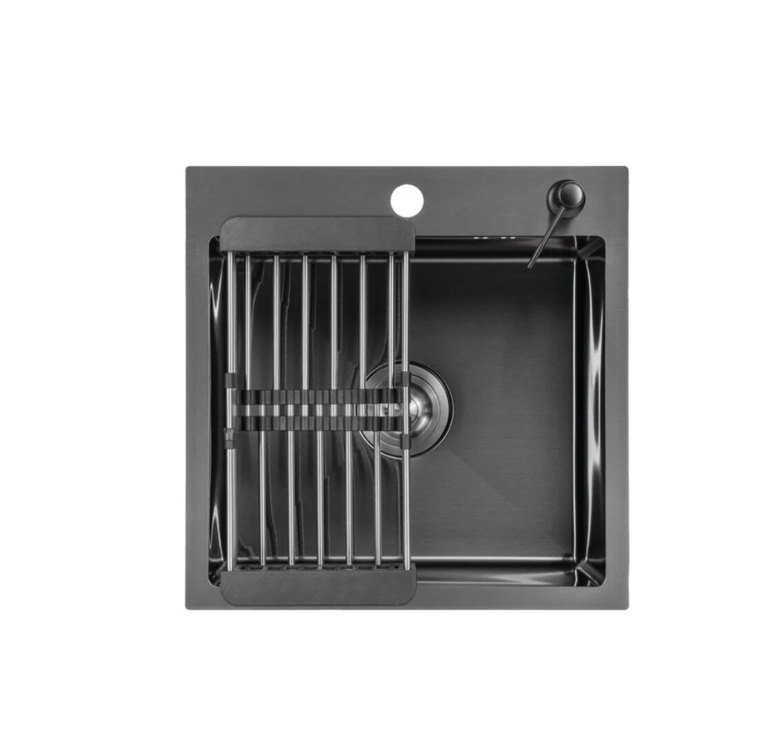 Кухонная мойка Saniteco 4848 Nano (с сифоном, дозатором и коландером)