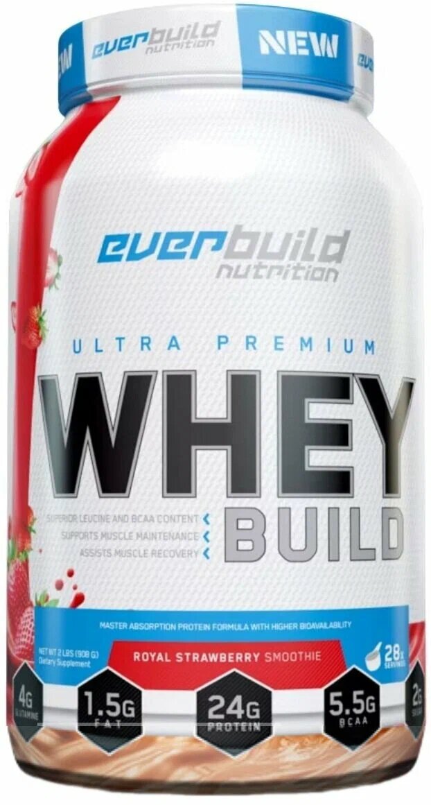 Протеин сывороточный Everbuild Nutrition Ultra Premium Whey Build клубничный крем 908 гр