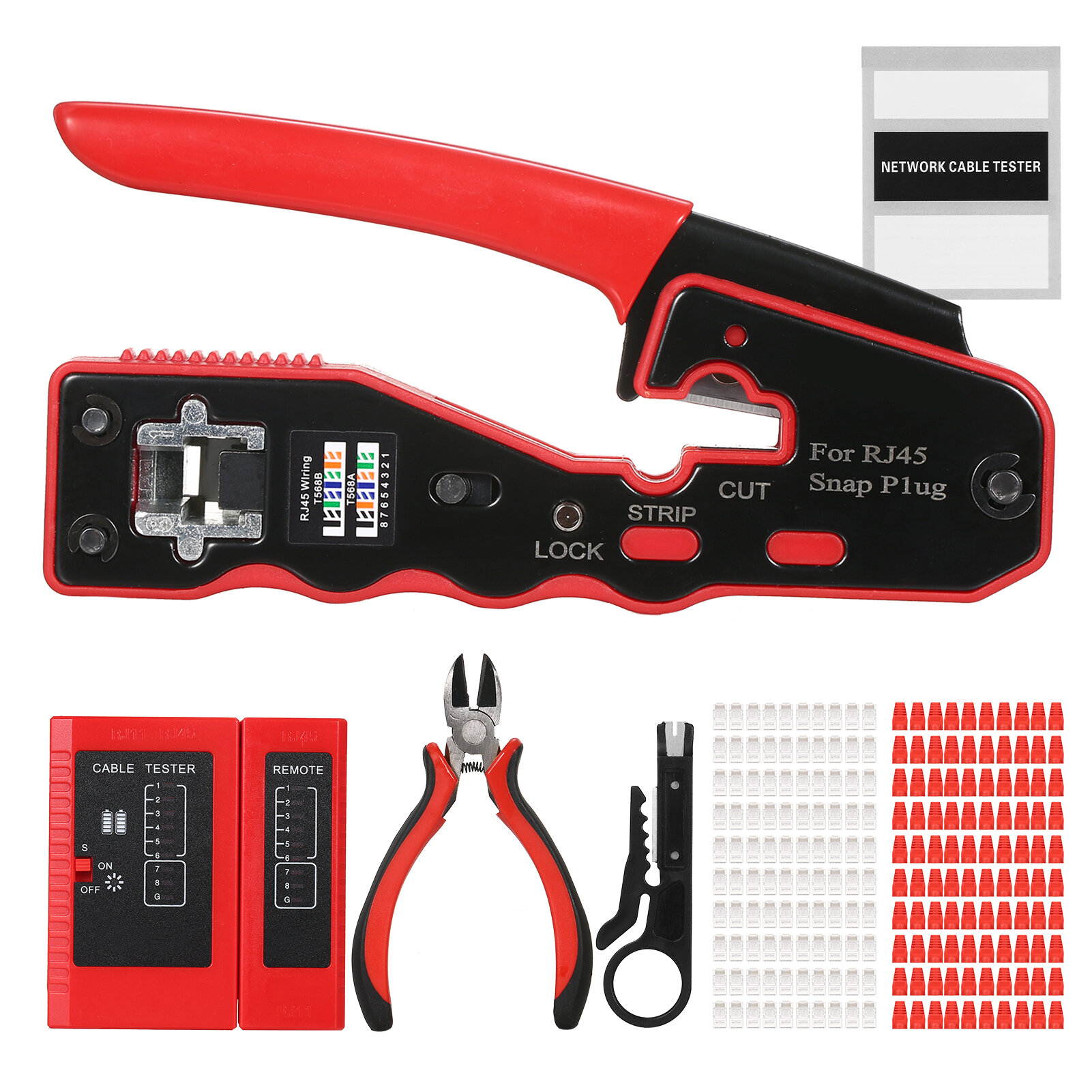 RJ45 Crump Tool Kit All in One Pass через инструмент для обжима для CAT5E CAT6 CAT6A RJ45 Стандартный разъем разъема со 100 -процентным разъемом 100 шт. Покрывает сетевые кабельные плоскогубцы лезвия тестеров