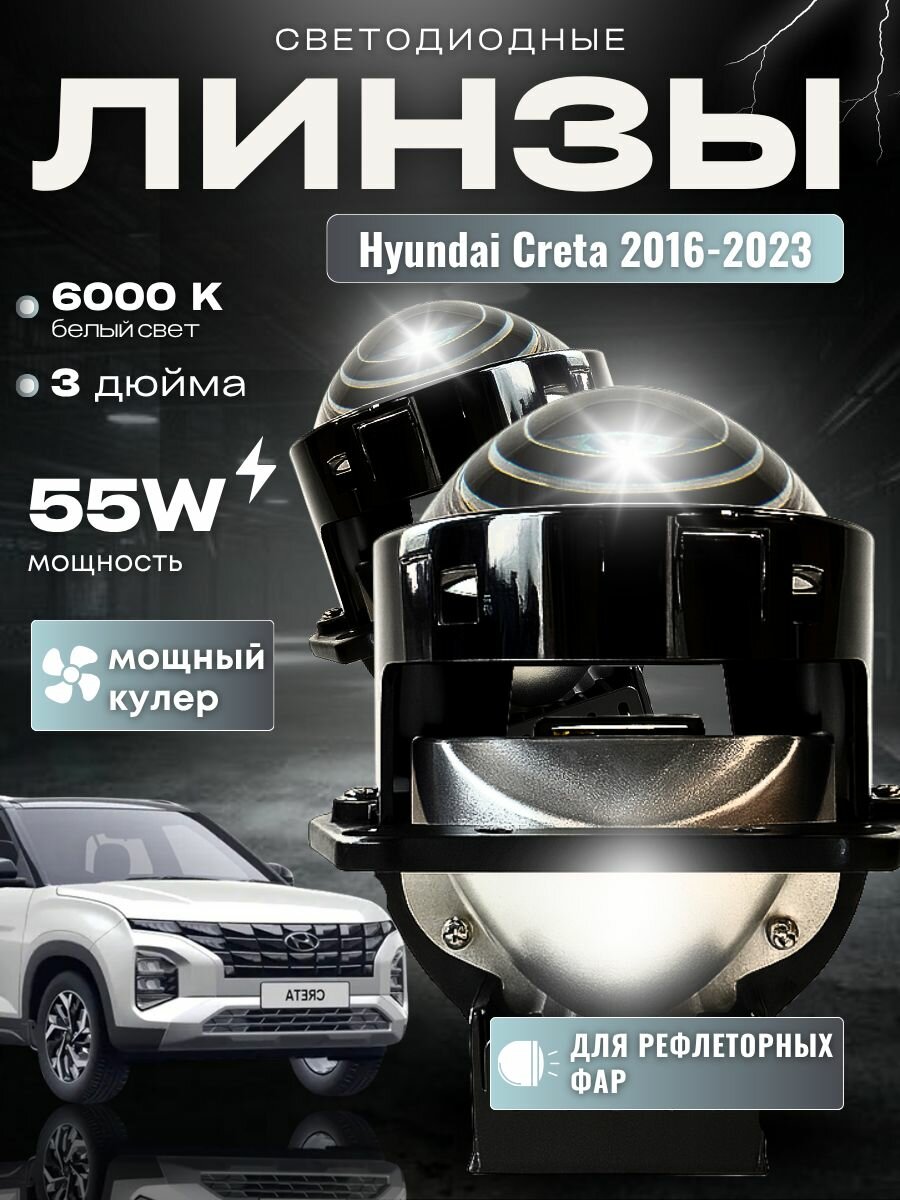 Би лед линзы 3 дюйма для Hyundai Creta 2016-2023 г. в. (на гайку), bi led линзы 3.0 в фары Хендай Крета