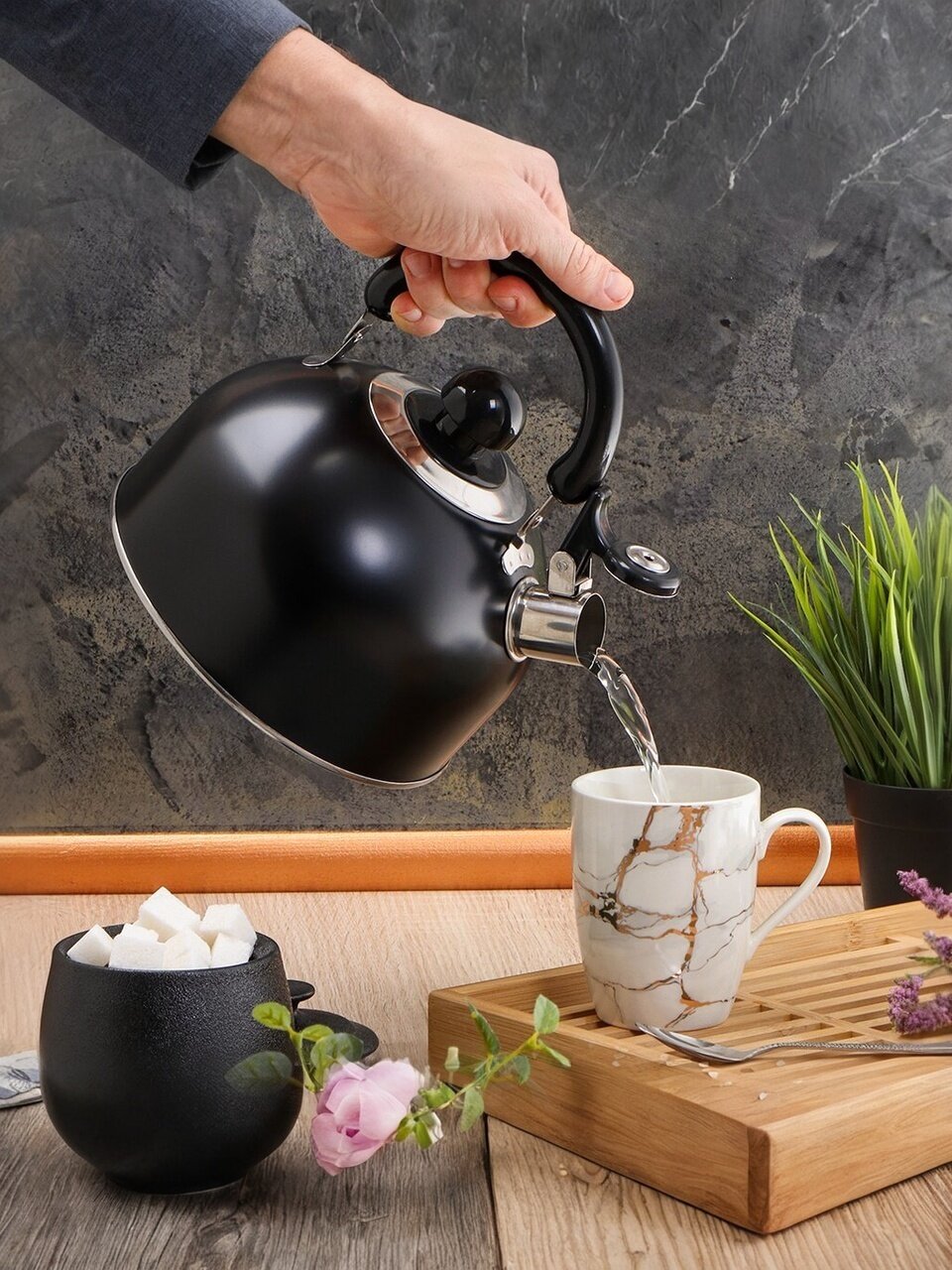 Чайник нержавеющая сталь, 2.5 л, со свистком, матовый, ручка металлическая, Daniks, черный, GS-04001