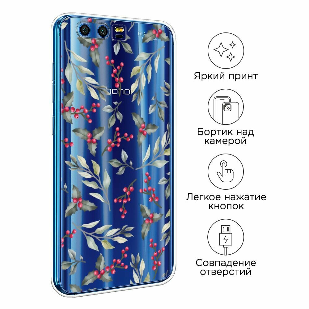 Чехол на Honor 9 / Хонор 9 с принтом Зимние ягоды паттерн, прозрачный — фото 1