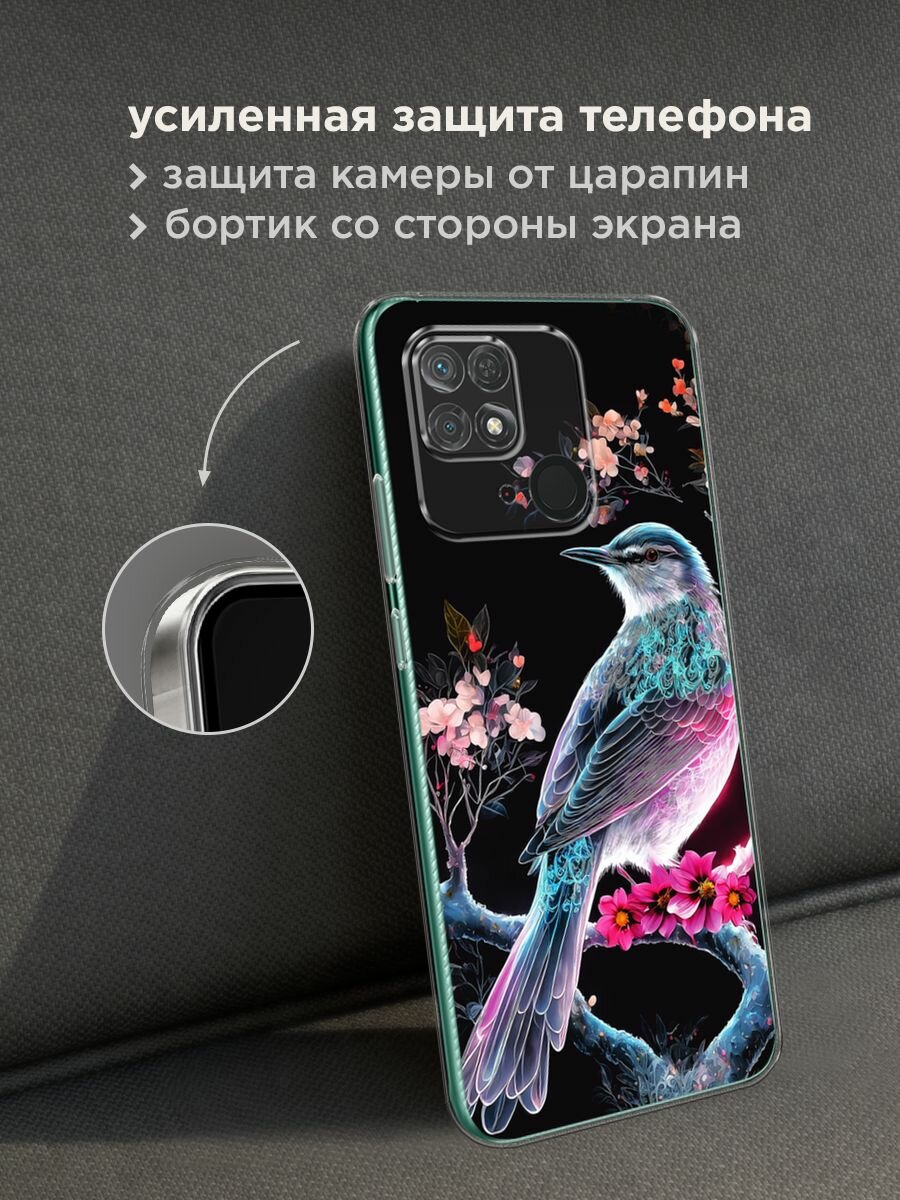 Чехол на Xiaomi Redmi 10C / Сяоми Редми 10C с принтом "Птица на цветущем дереве" — фото 1