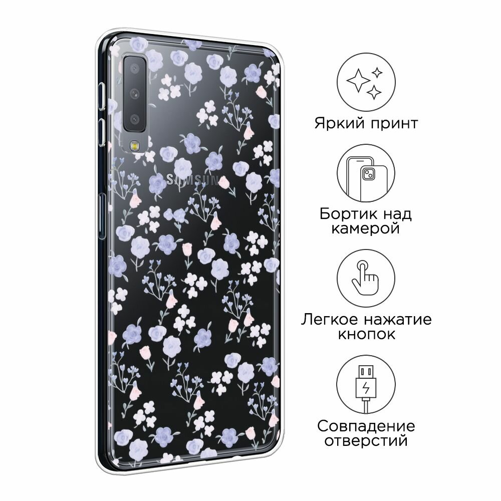 Чехол на Samsung Galaxy A7 2018 / Самсунг Галакси А7 2018 с принтом "Сиреневые розы паттерн", прозрачный — фото 1