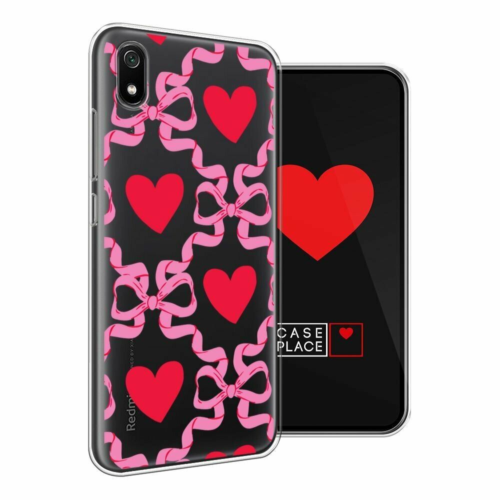 Чехол на Xiaomi Redmi 7A / Сяоми Редми 7А с принтом "Hearts and ribbons 2 - 14 февраля", прозрачный — фото 1