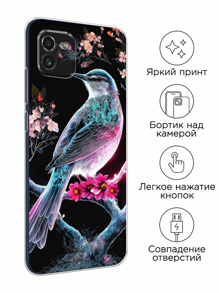 Чехол на Samsung Galaxy A03 / Самсунг Галакси А03 с принтом "Птица на цветущем дереве" — фото 1
