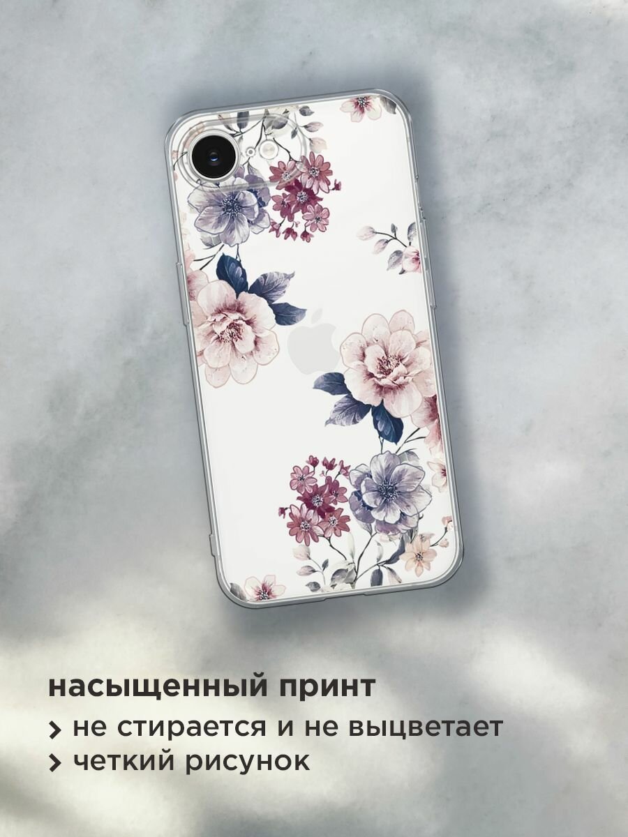 Чехол на Apple iPhone 16e/17e / Айфон 16е/17e с принтом "Нежные винтажные цветы", прозрачный — фото 1