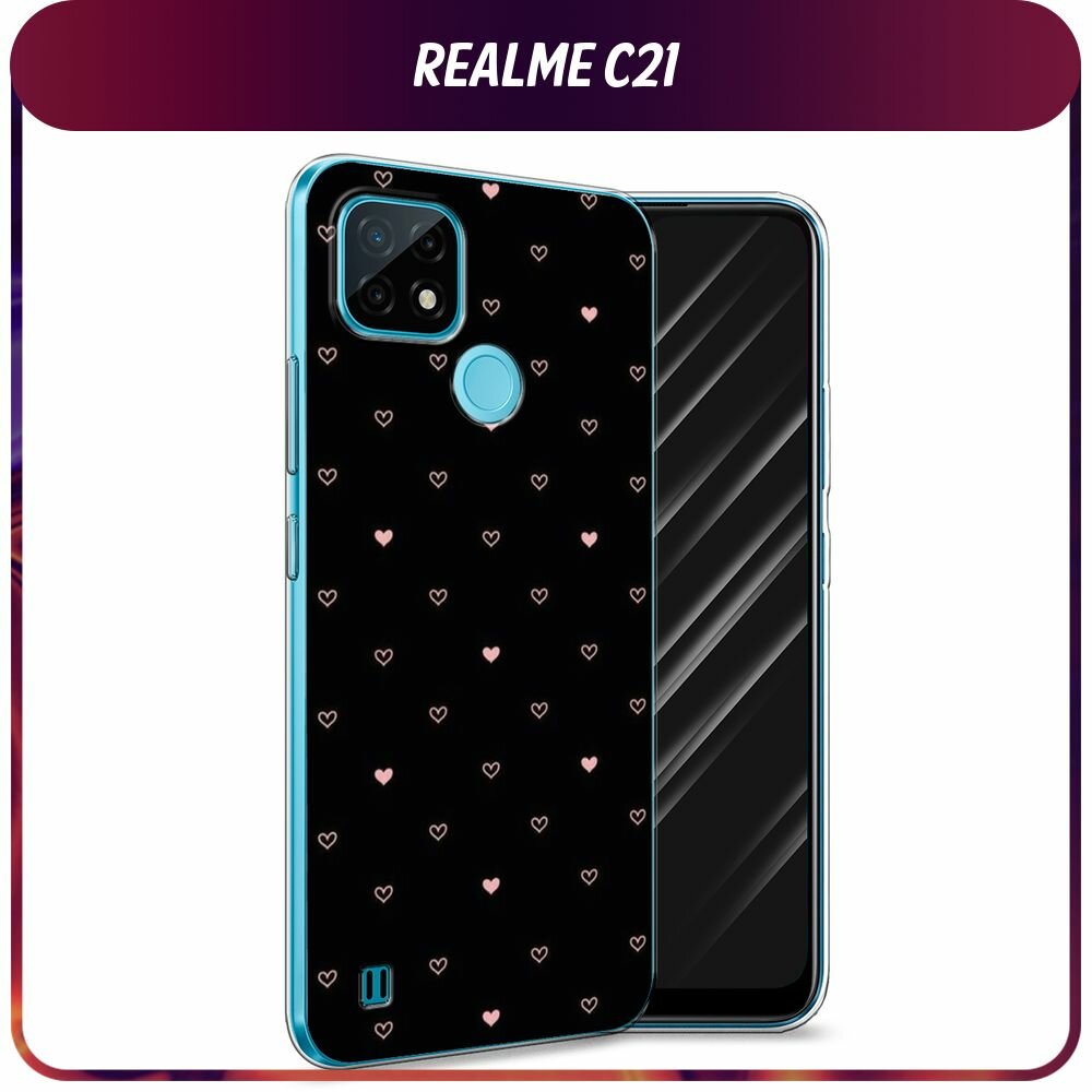 Чехол на Realme C21 / Реалми С21 с принтом "Черный фон и сердечки"