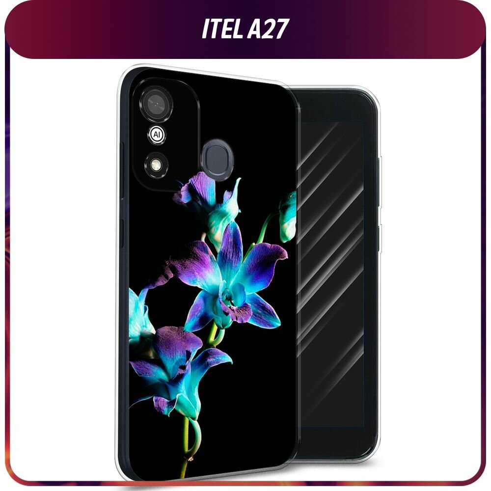 Чехол на Itel A27 / Ител А27 с принтом "Синий цветок на черном"