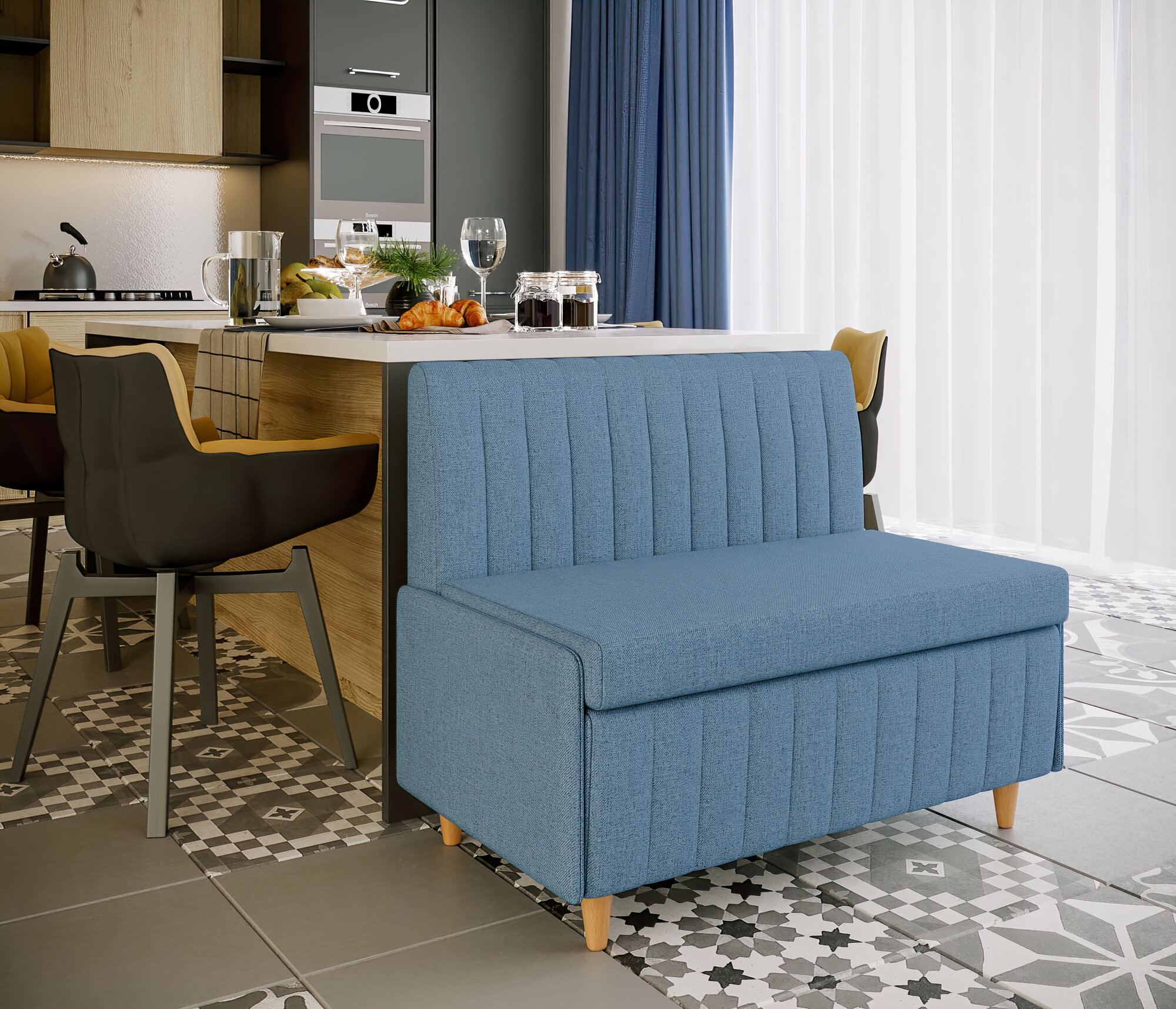 Прямой кухонный диван Мини, Саванна плюс блу, рогожка синяя, ППУ, с ящиком