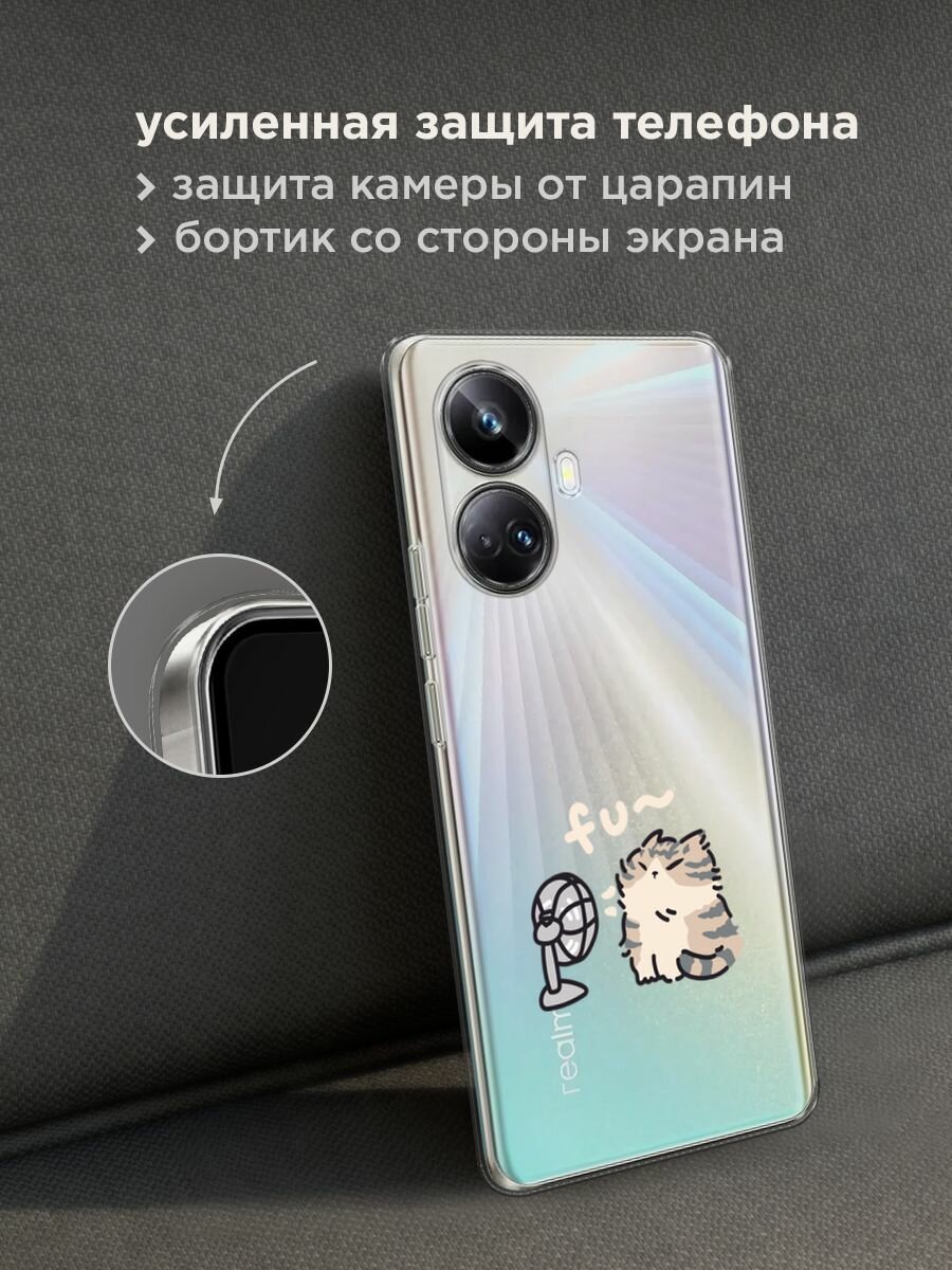 Чехол на Realme 10 Pro+ / Реалми 10 Про+ с принтом "Котик с вентилятором", прозрачный — фото 1
