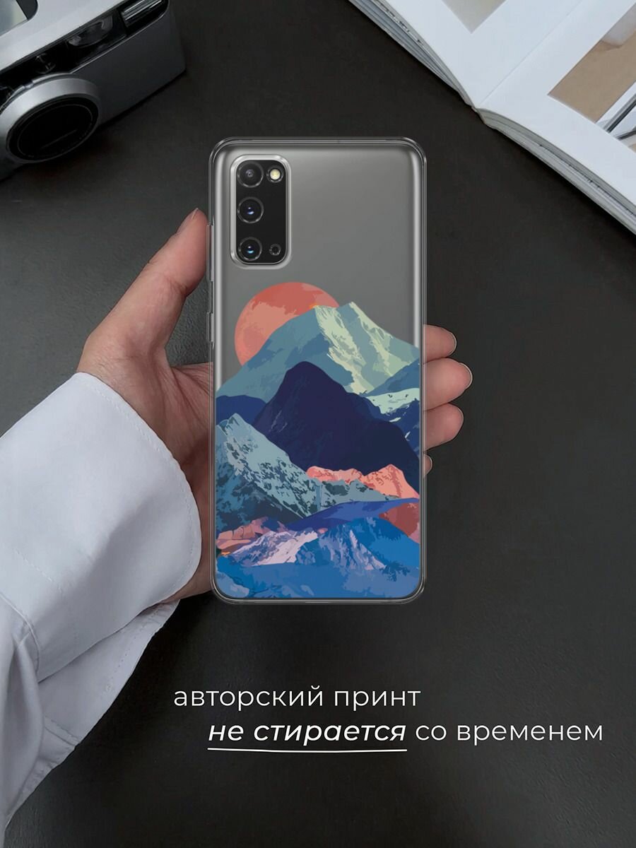 Чехол на Samsung Galaxy S20 / Самсунг Гэлакси S20 с принтом "Закат в снежных горах", прозрачный — фото 1