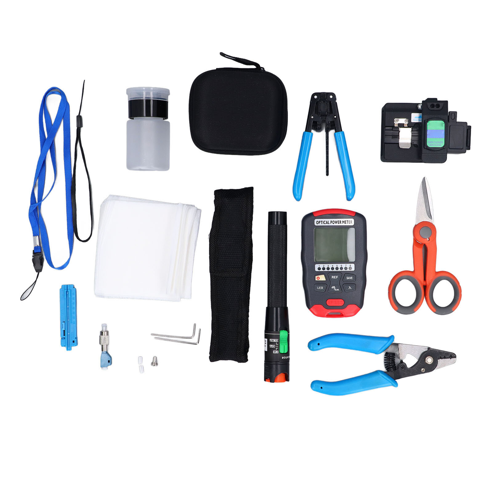 Набор инструментов для оптоволокна с 30mW VFL, OPM от -70 до +10 дБм, волоконный резак и 3-х канальный стриппер, пластиковый кейс