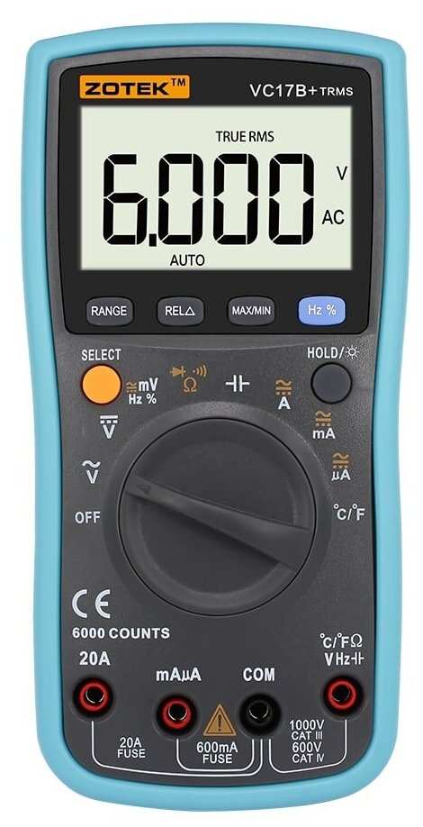 Цифровой мультиметр VC17B+ ZOIY, TRMS, 6000, Измерение температуры, автоматический выбор диапазонов, подсветка дисплея
