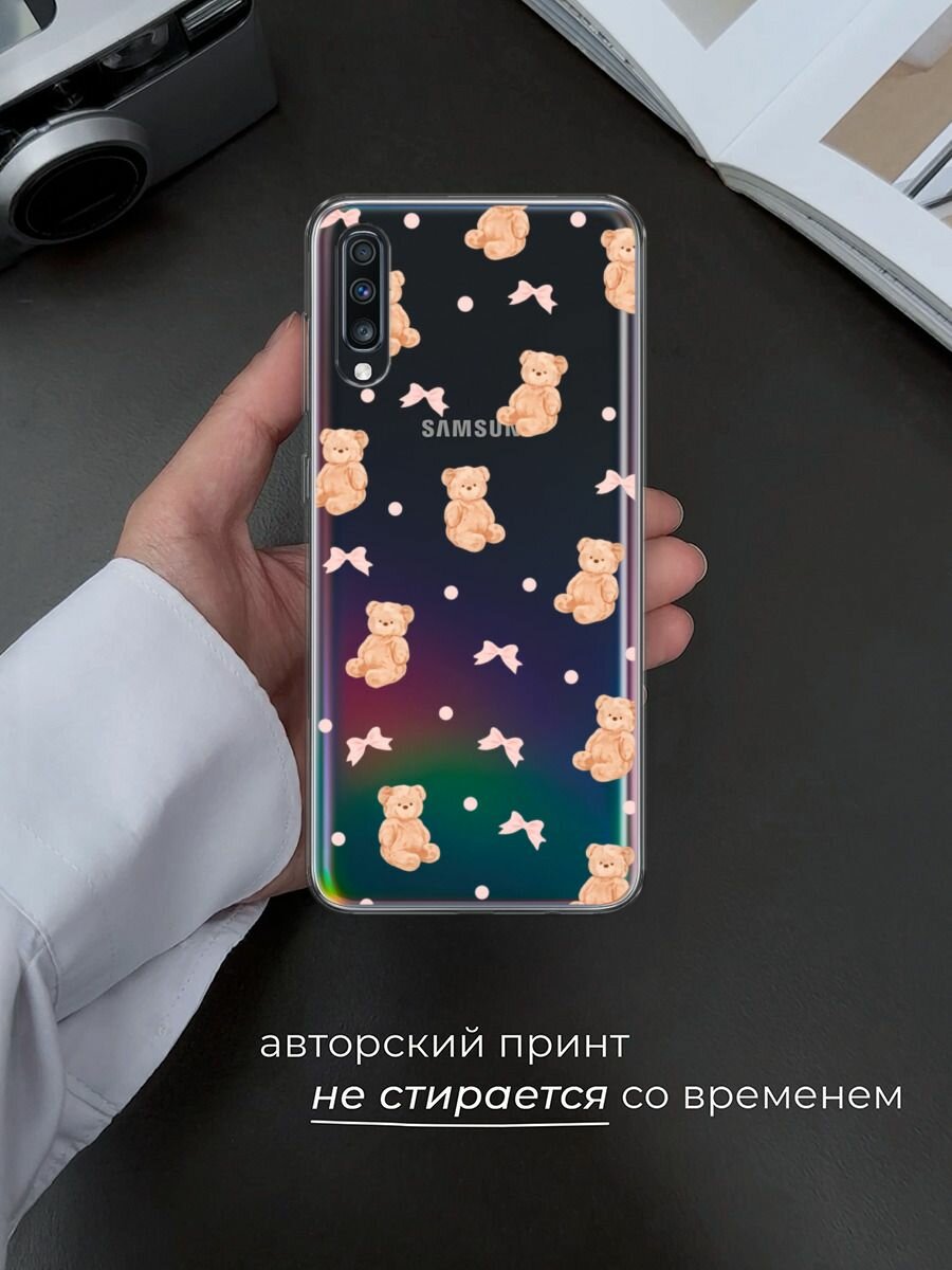 Чехол на Samsung Galaxy A70 / Самсунг Галакси А70 с принтом Паттерн бежевые мишки, прозрачный — фото 1