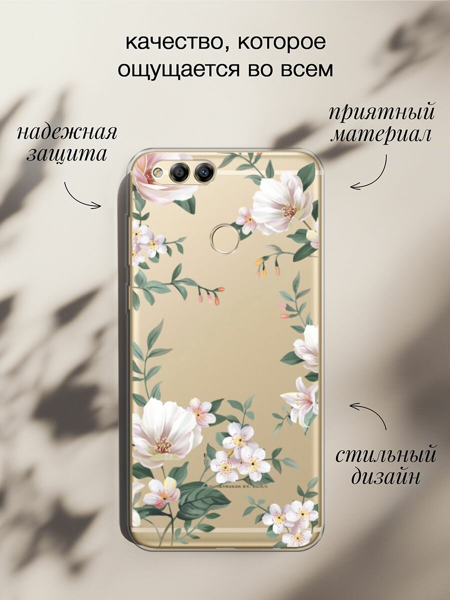 Чехол на Honor 7X / Хонор 7Х с принтом "Beautiful white flowers", прозрачный — фото 1