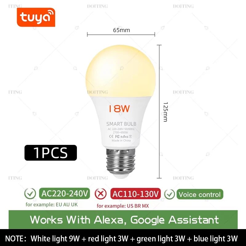 DOITING Smart LED лампа 18W E27, Wi-Fi, RGB