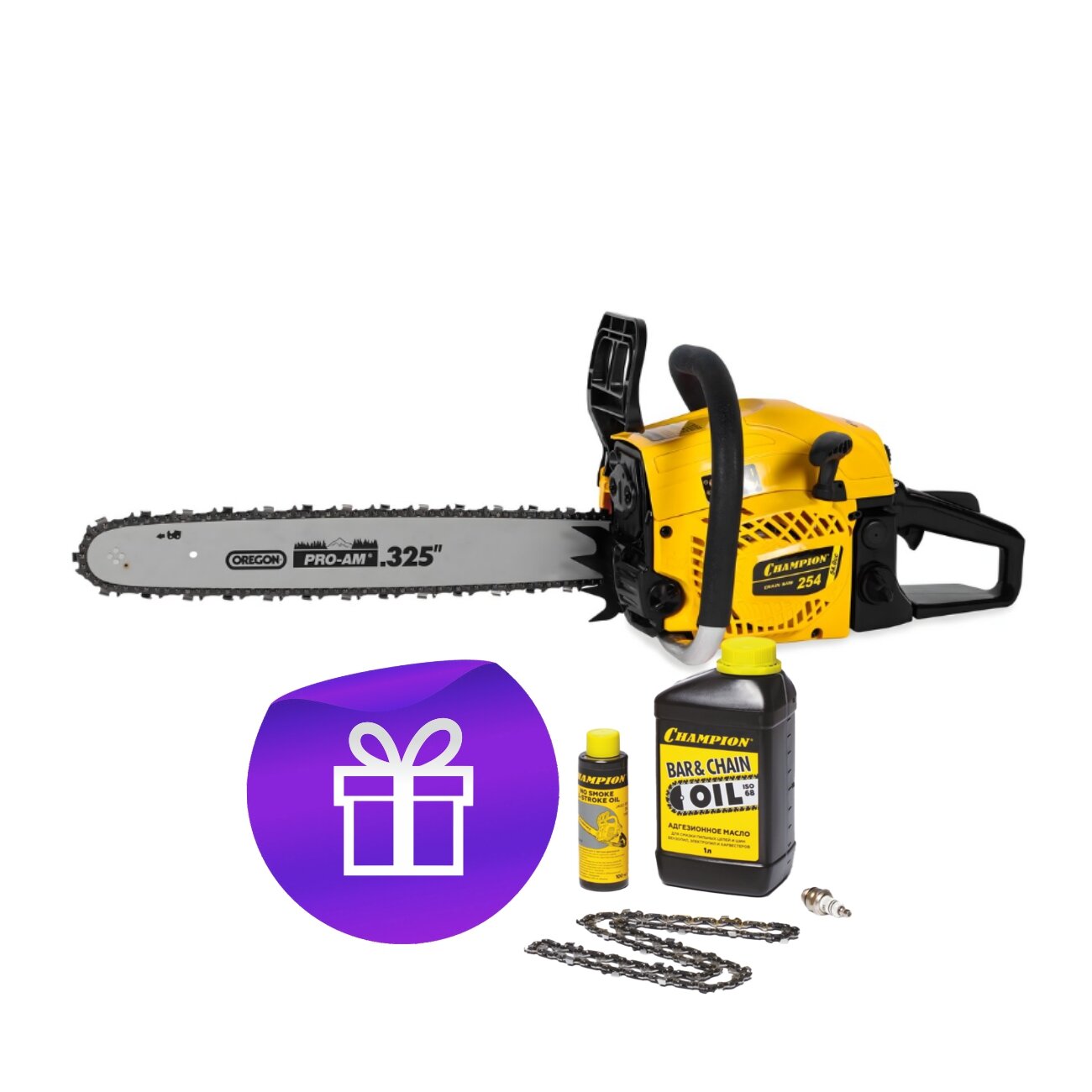 Бензопила цепная бензиновая CHAMPION 254-18 с легким запуском / пила цепная профессиональная для лесозаготовки (шина 18", 45 см, 72 зв) + подарок (масло, цепь, свеча)