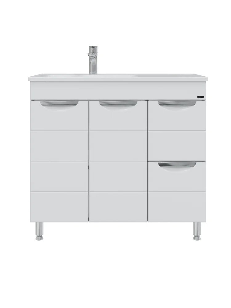 Тумба с раковиной СаНта Родос 90 напольная, 90 см, с ящиками, белая, прямоугольная, в современном стиле, из МДФ, из камня