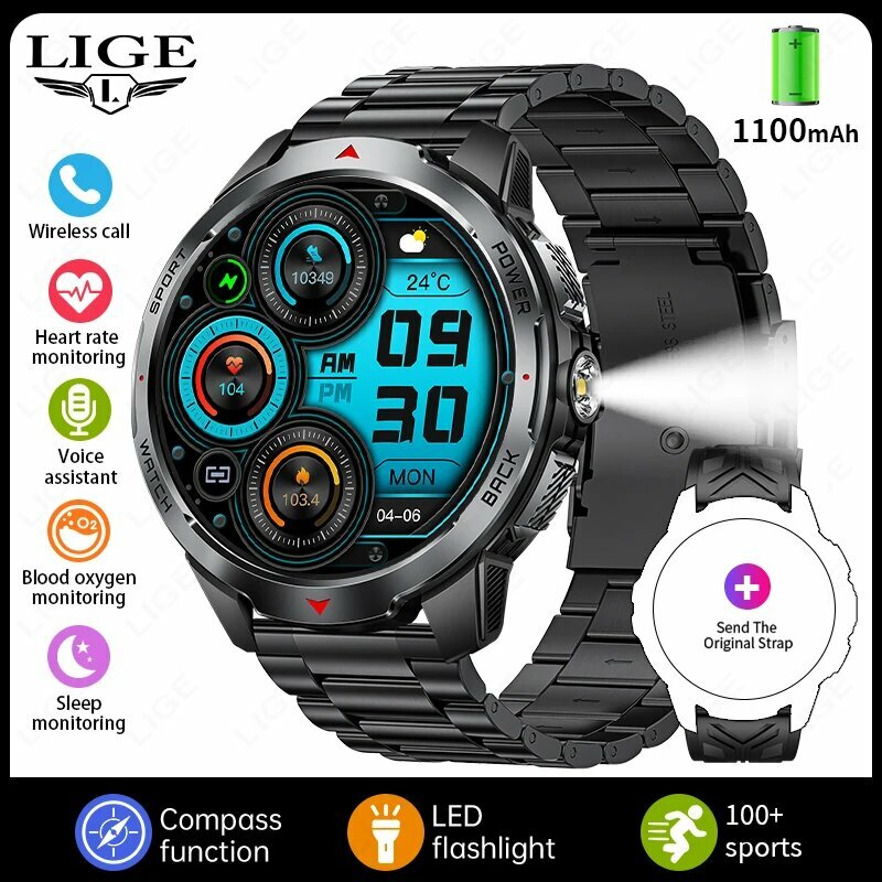 LIGE Умные часы мужские Steel Black 1100mAh