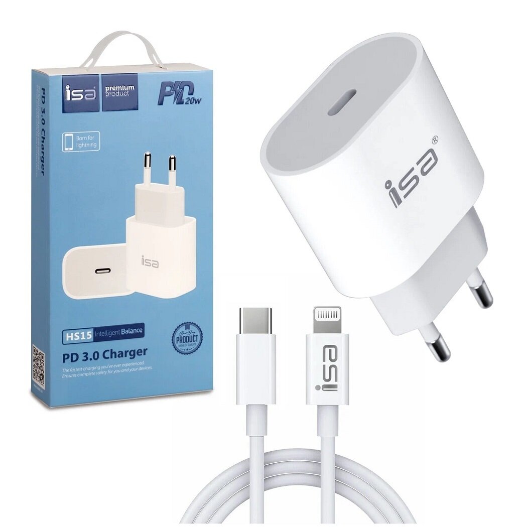 Сетевое зарядной устройство ISA HS15 20W PD3.0 с кабелем Type-C на Lightning, белый