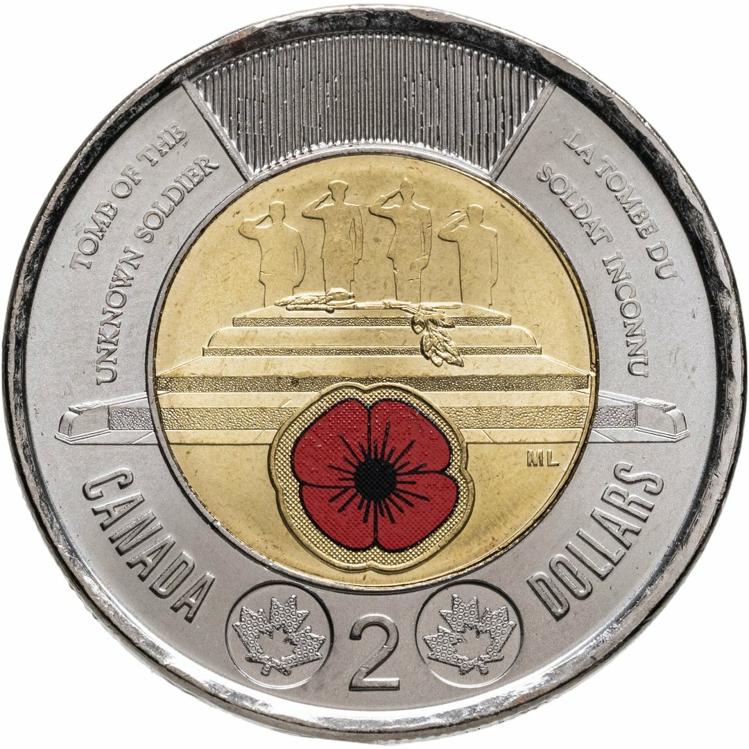 Канада 2 доллара 2025 "Чествование неизвестного солдата Канады", цветная, Биметалл, в сохранности UNC