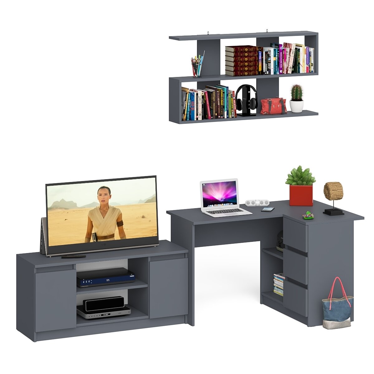 Стол угловой компьютерный Мори МС-16 правый с книжной полкой и ТВ-тумбой МТВ1200.1, графит, 244,8х84,9х209,6 см.