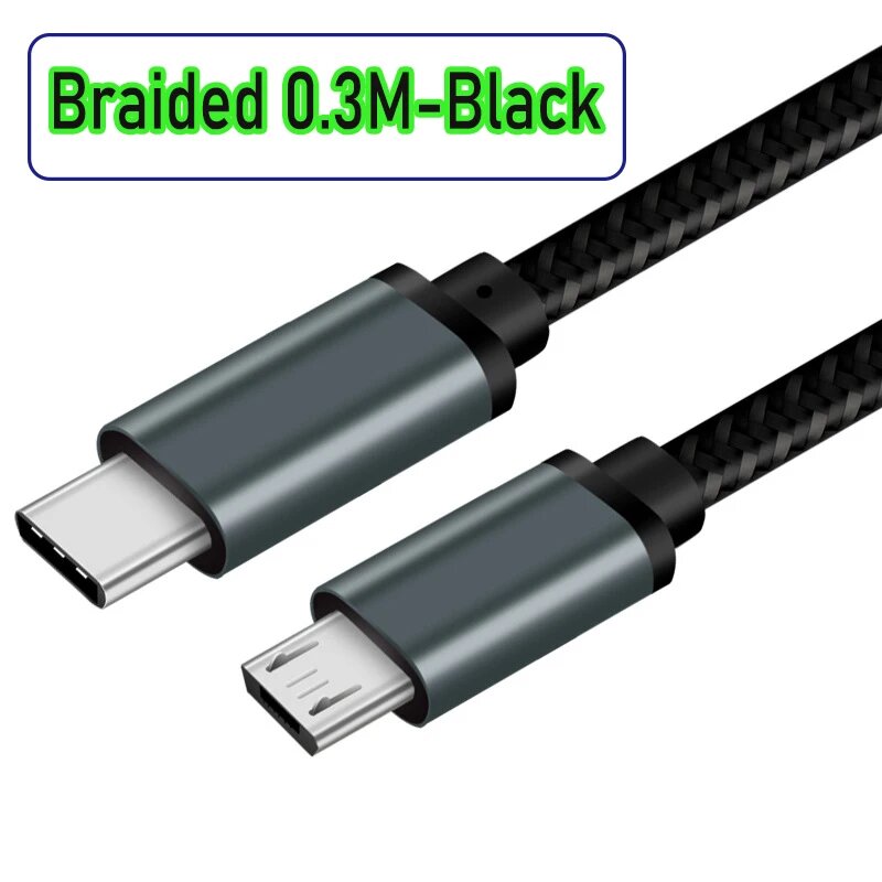 Короткий кабель типа C USB-C к Micro USB 0,2 м USB C к Micro USB OTG, кабель для синхронизации данных и зарядки для Samsung xiaomi macbook pro Braided 0.3M-Black