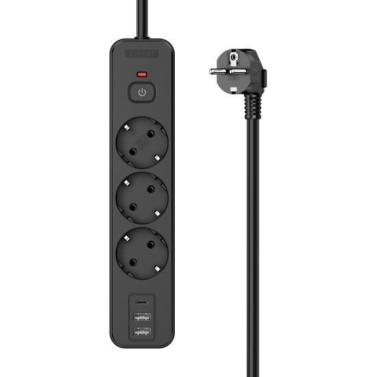 Сетевой фильтр Perfeo "REAL HOME" 3,0м, 3 розетки, 2USB+1TYPE-C, 16А, 3500 Вт, тройная защита, черный.