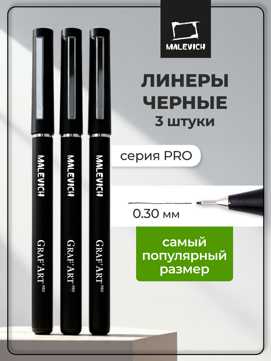 Комплект капиллярных ручек Малевичъ Graf'Art PRO 02, линер черный 3 шт