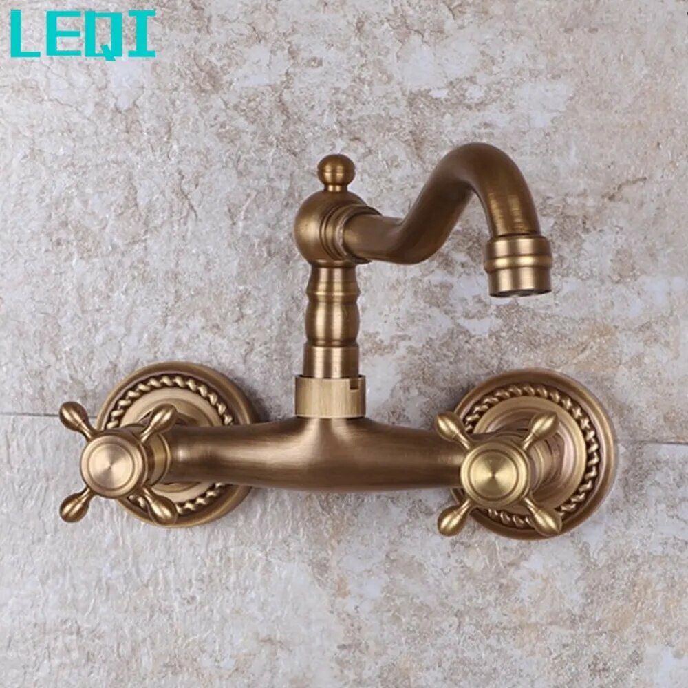 LEQI Ретро керамика медный смеситель для ванны, настенный смеситель для ванной комнаты, смеситель для ванны с горячей и холодной водой с двойной ручкой латунь