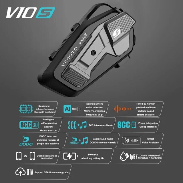 Bluetooth-гарнитура Vimoto Для Мотоциклетных Шлемов, Водонепроницаемая (IPX67), С Шумоподавлением, Функцией Интеркома