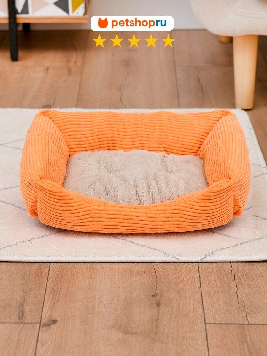 PETSHOP Лежанка для кошек и собак прямоугольная с подушкой, "Сплюшка", оранжевый, 55*70*12 см