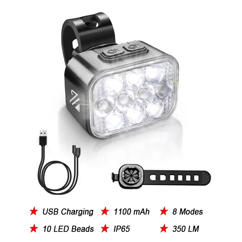 Велофонарь передний LED 350LM, 8 Modes, 1100mAh, IP65, USB Charging