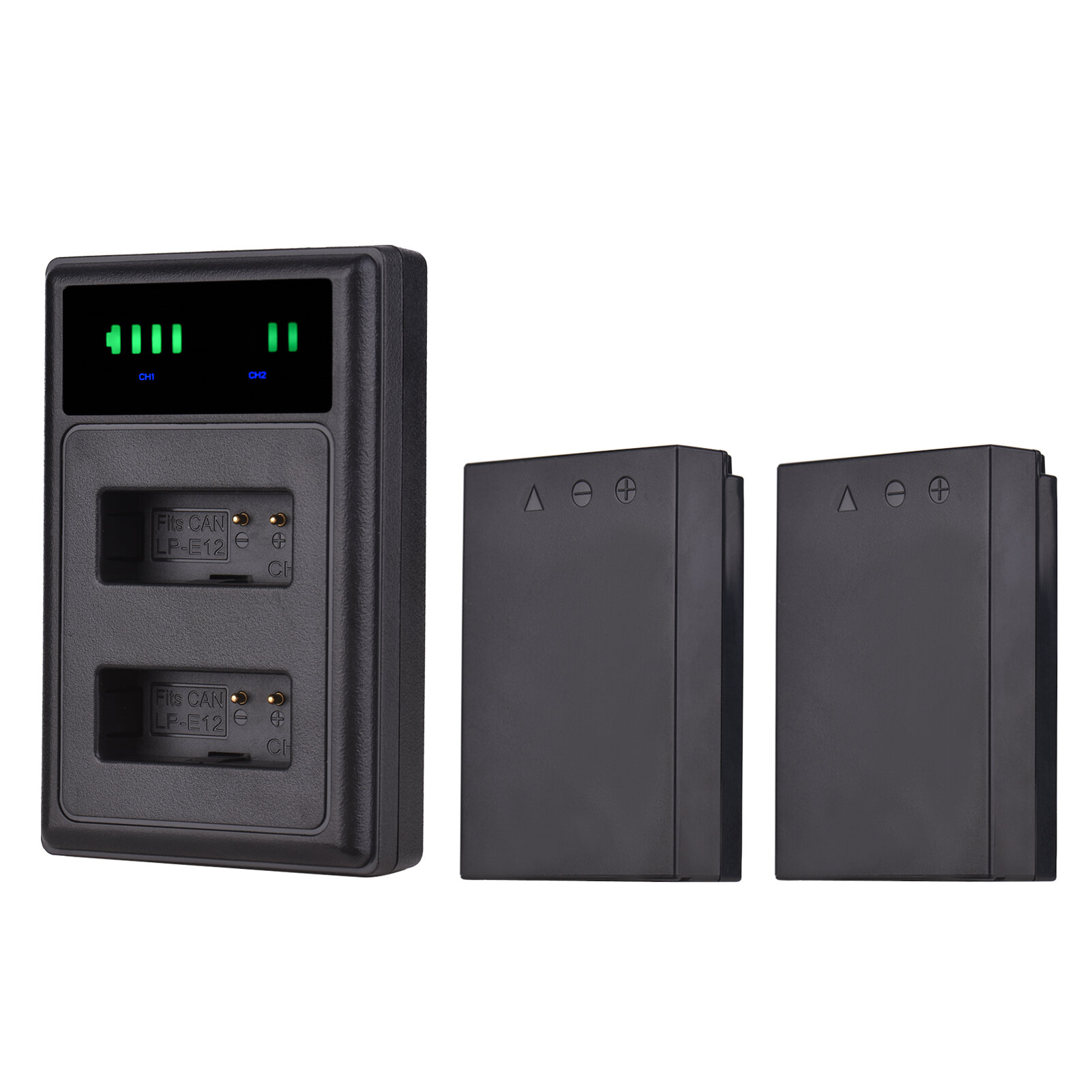 Набор зарядного устройства USB и батарей LP-E12 1шт Двухканальное зарядное устройство для камеры + 2шт Акумуляторные батарейки LP-E12 7.4V 1250mAh USB C + Micro USB порт Экран LED Black