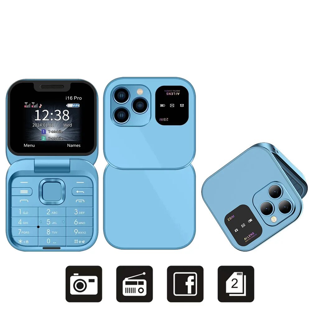 SERVO i16PRO 2G GSM Dual SIM Flip Mini Mobile Phone Auto Call Record Speed Dial Magic Voice FM Radio Small Fold Telephone Type-C