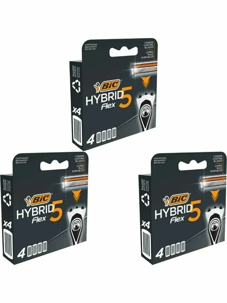 Сменные кассеты для бритвы BIC Hybrid 5 Flex (4 шт.) (5 лезвий), 5 титановых лезвий с нанотехнологией, широкая смазывающая полоска, обогащенная витамином E (4 x 3), 12 шт.