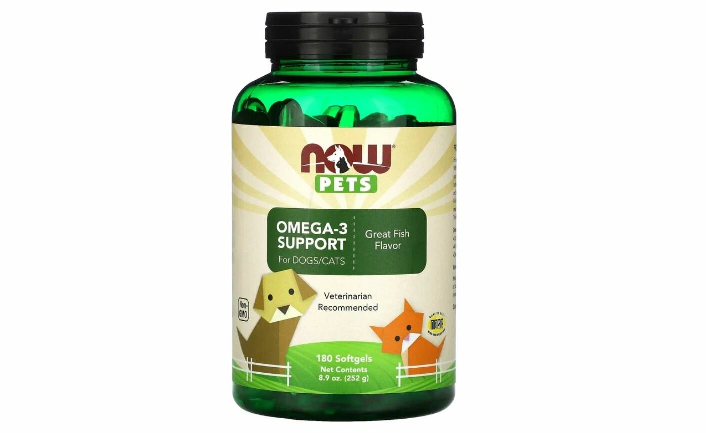 NOW Pets, Omega 3, Омега-3 для собак и кошек, отличный рыбный вкус, 180 желатиновых капсул