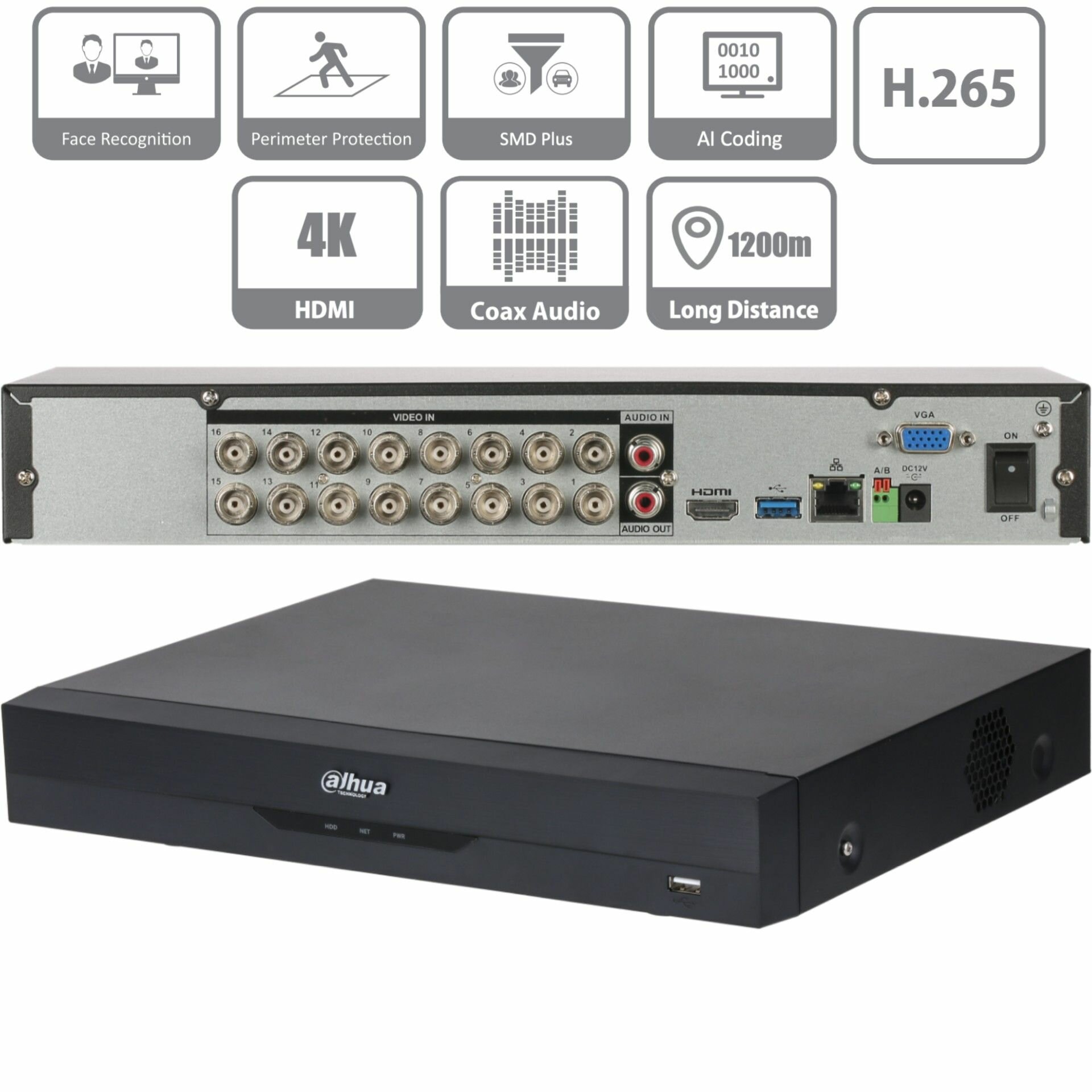 Dahua DH-XVR5116H-4KL-I3 - 16 канальный видеорегистратор для видеонаблюдения HDCVI, XVR-регистратор гибридный