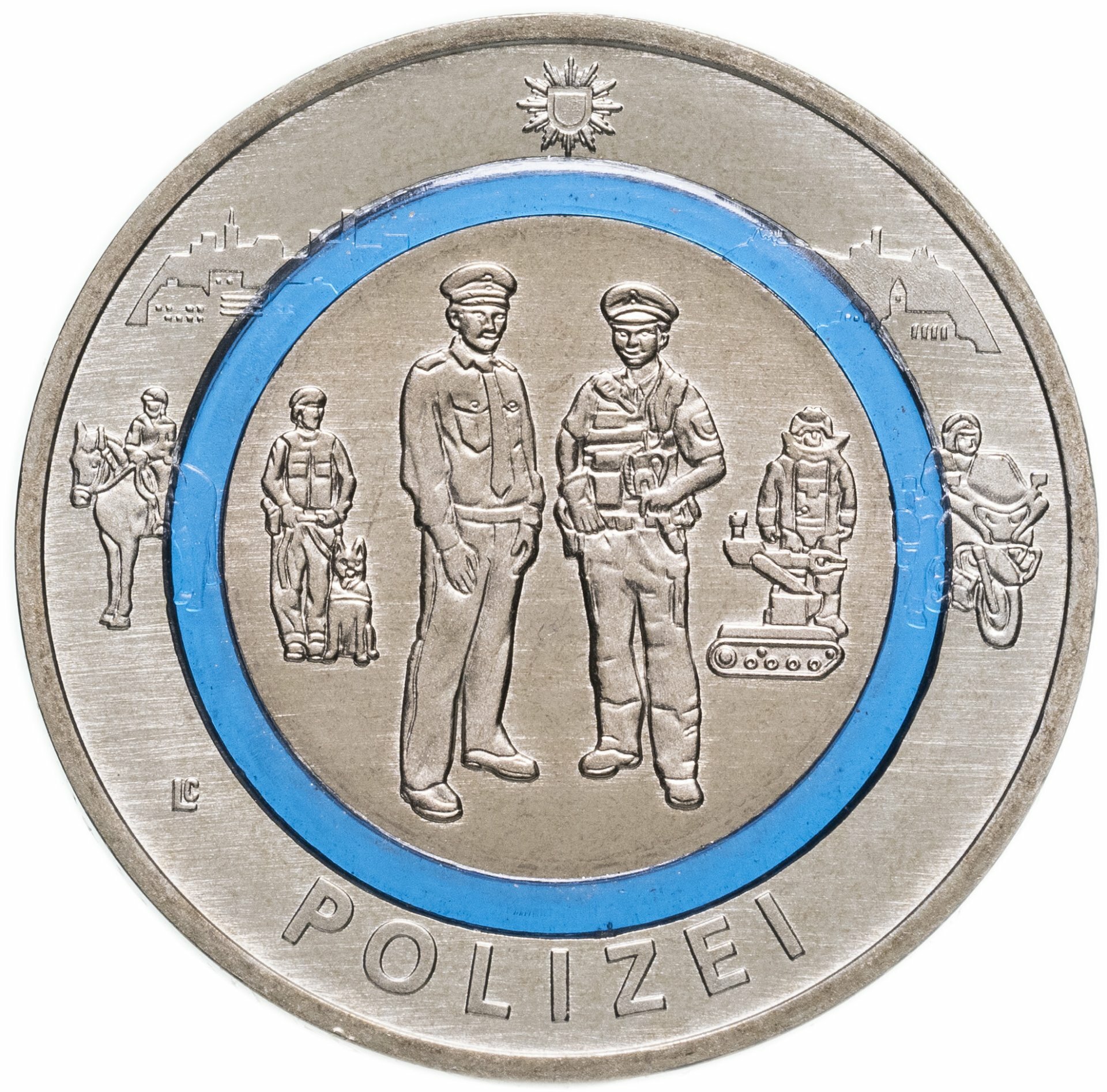 Германия 10 евро 2024 На службе общества - Полиция, двор A, Три-металл: центр - Медно-никелевый сплав, внутреннее кольцо - Полимер