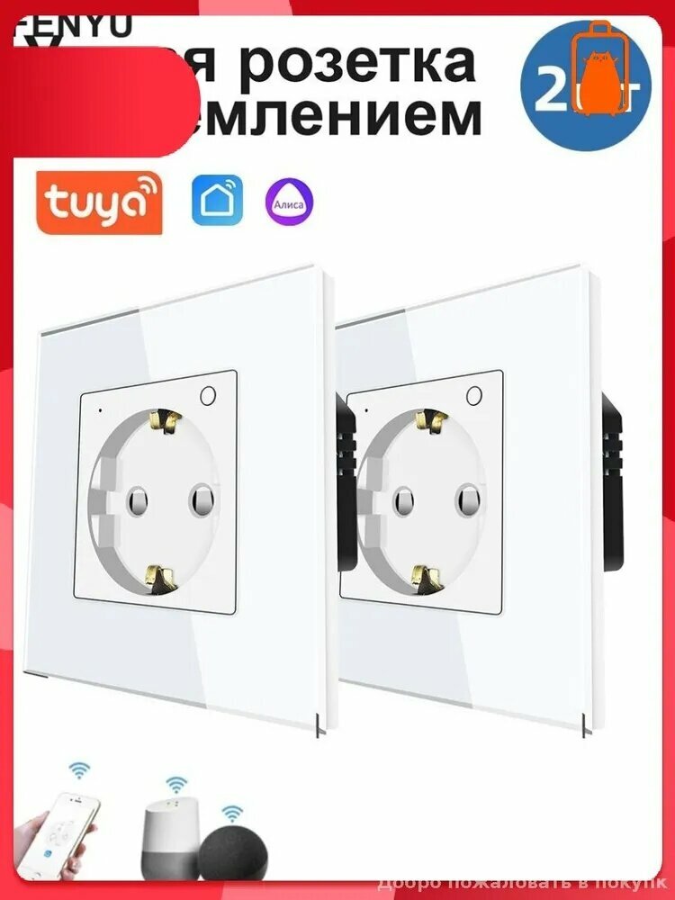 Эксклюзивная встраиваемая умная розетка с Алисой и WiFi, оснащенная голосовым управлением, в белом цвете, комплект 2 штуки