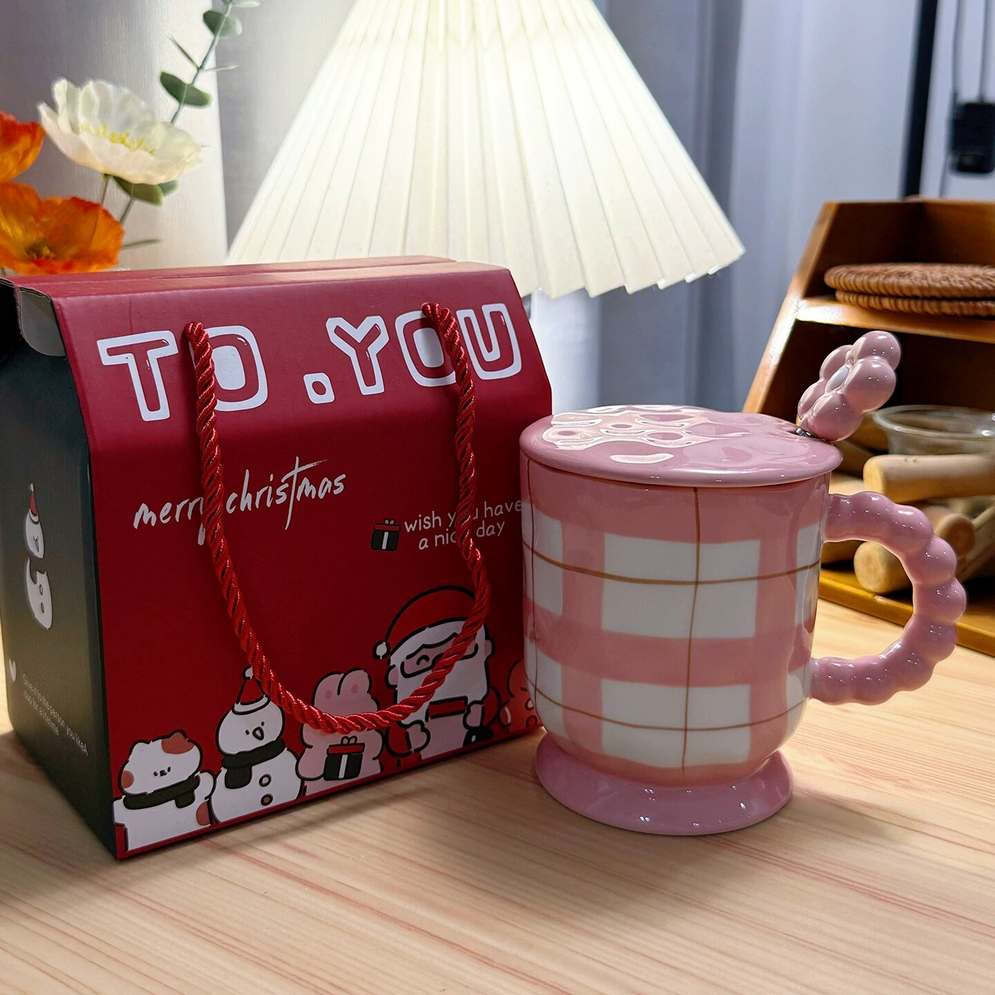 Фиолетовая кружка в клетку с крышкой и ложкой, керамическая чашка, парные чашки для воды, подарок на день рождения для