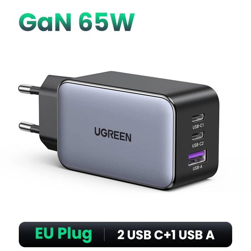 Устройство зарядное сетевое UGREEN с USB-портами и поддержкой быстрой зарядки, 65 Вт GaN 65W EU Plug