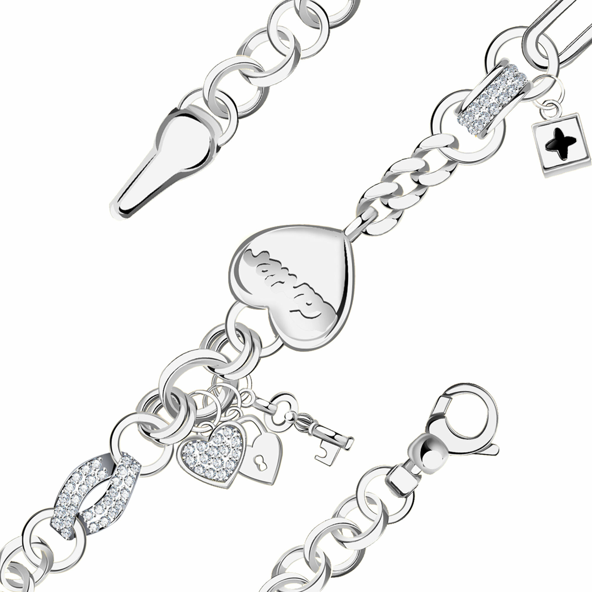 Браслет, серебро, 925 проба, родирование, оникс, фианит