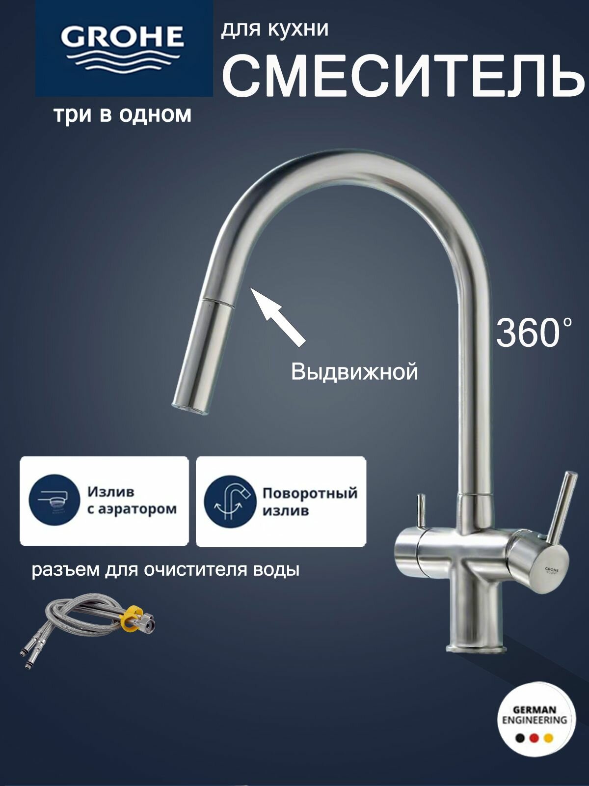 GROHE Три в одном Расширяемый кухонный кран с интерфейсом для фильтра воды