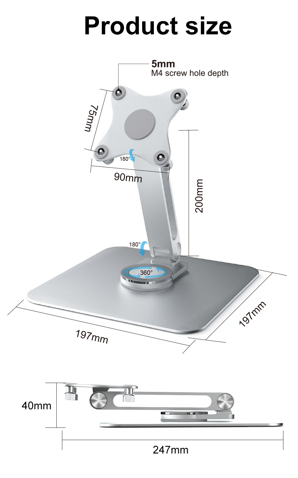 Портативный монитор-стенд UNEW, 360° вращение, серебристый, алюминиевый сплав